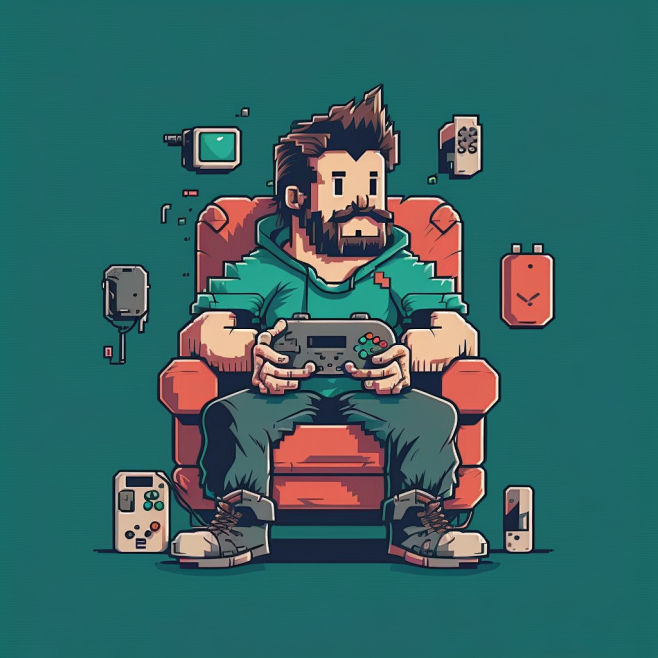 16 bit art style, guy sitting on chair holding a controller