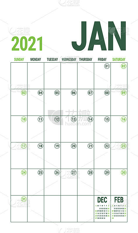 January calendar 2021. English calender template.