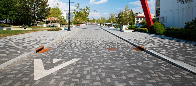 A vibrant, pixelated design using Series pavers features directional ...