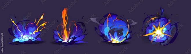 Magic explosions, light flash or energy burst with fire and blue smoke ...