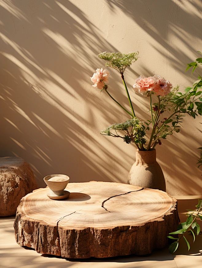 xiaghas_flattened_wooden_tree_stump_thin_disc_palm_leaves_shado ...