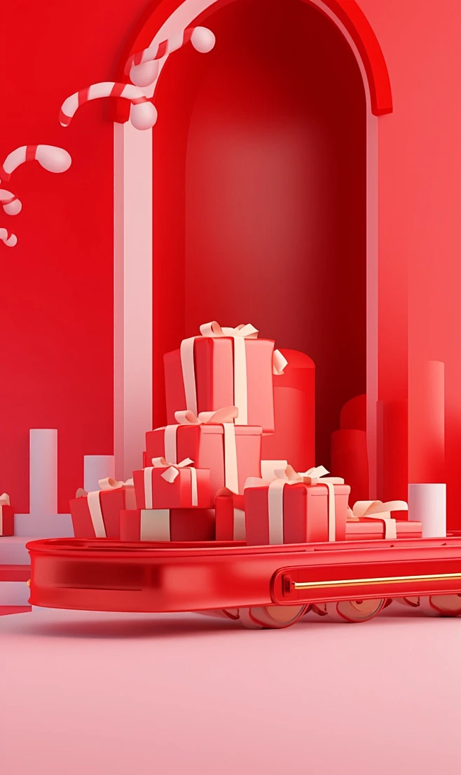 A 3d image of a train with presents on a red background, in the style ...