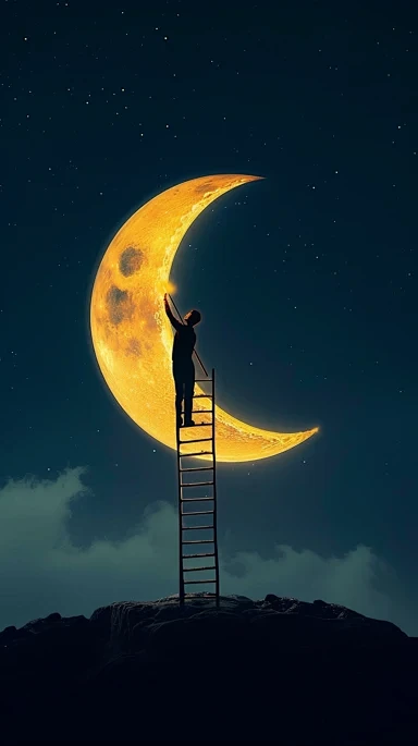 under a clear night sky, there is a crescent moon roughly the size of ...