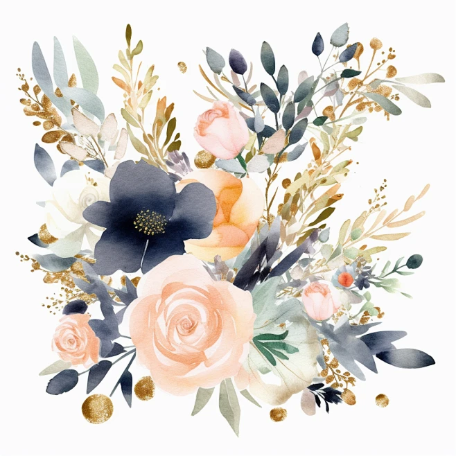 AI绘画_Prompts_Tolyamba_Watercolor_Blush_Navy_Gold_Floral_Bouquets ...