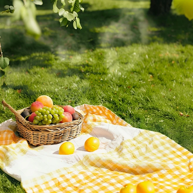 A yellow picnic mat with a basket of fruits lies on the green grass-花瓣网