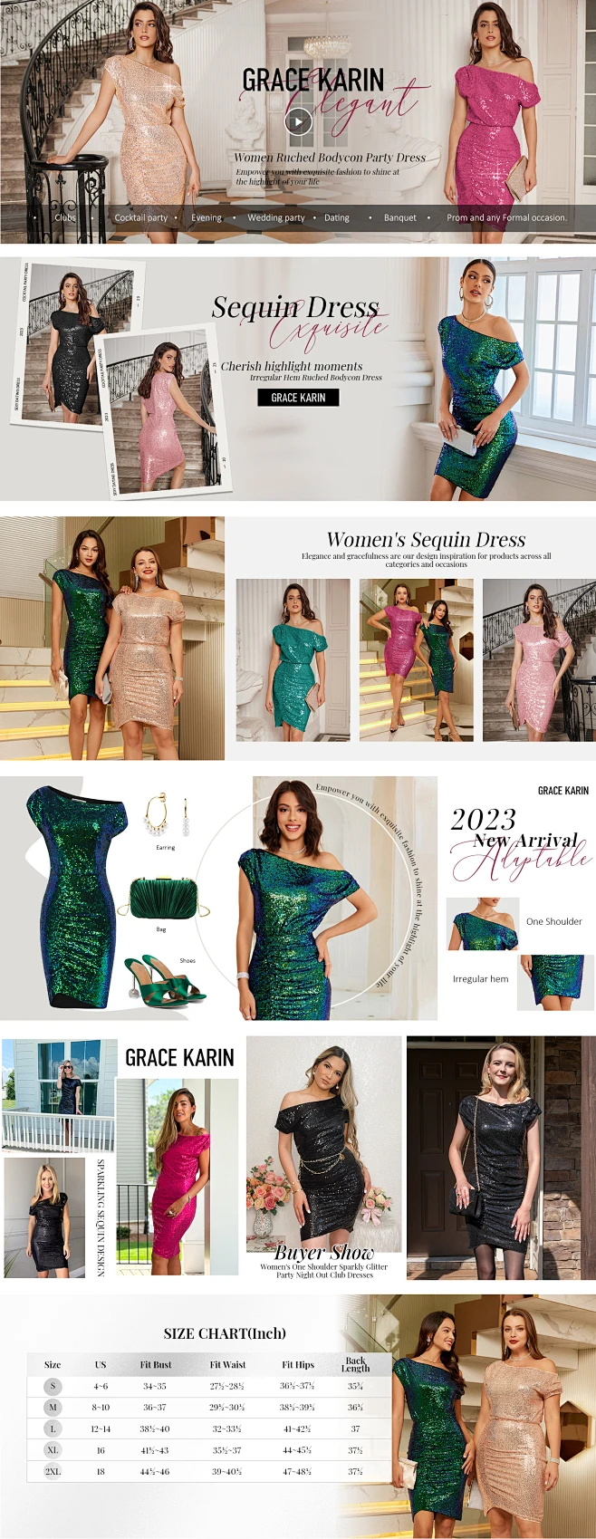GRACE KARIN 女式亮片连衣裙单肩闪光褶饰紧身派对晚会礼服-花瓣网