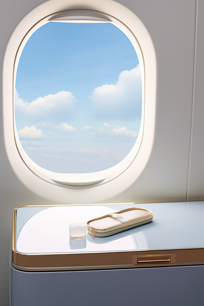 an airplane window with a mirror in front and a jewelry box on the ...