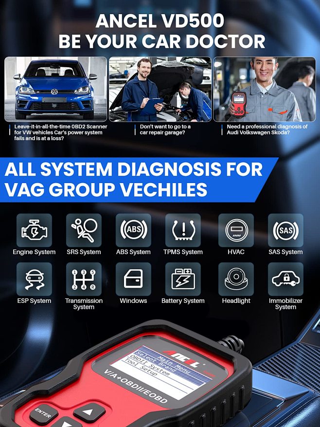 ANCEL VD500 OBD II Diagnostic Scanner for Volkswagen VW Audi Skoda Seat ...