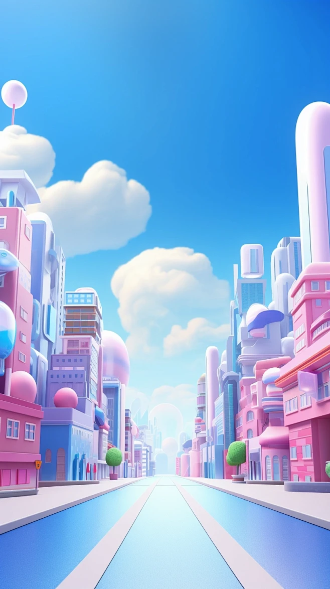 Super cute futuristic city street background, high buildings, pop mart ...