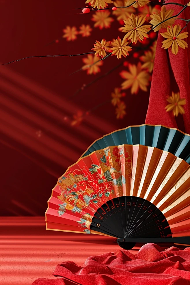 Golden fans and fans, red backdrop, and other decorations, in the style ...