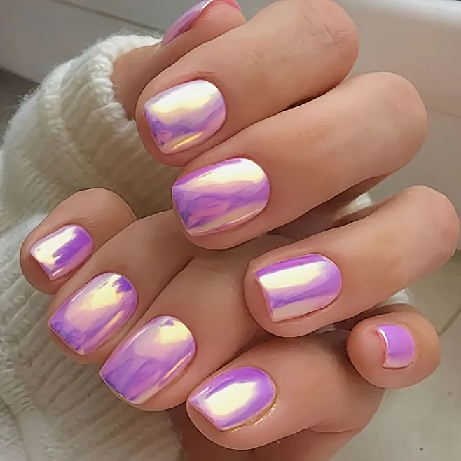 Temu｜24pcs Glossy Short Square Fake Nails, Aurora Chrome Purple Press ...