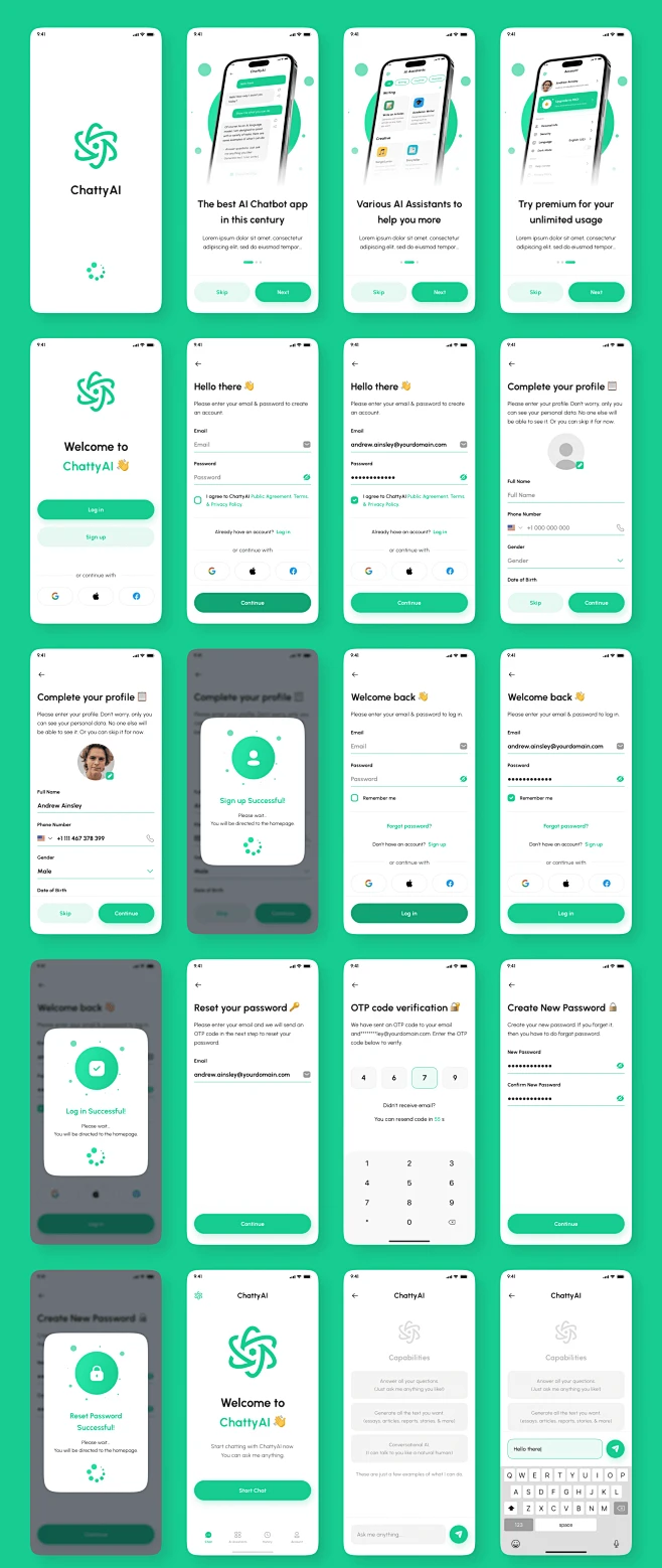 高质量人工智能ChatGPT聊天移动应用程序界面UI素材 ChattyAI - AI Chatbot App UI Kit-花瓣网