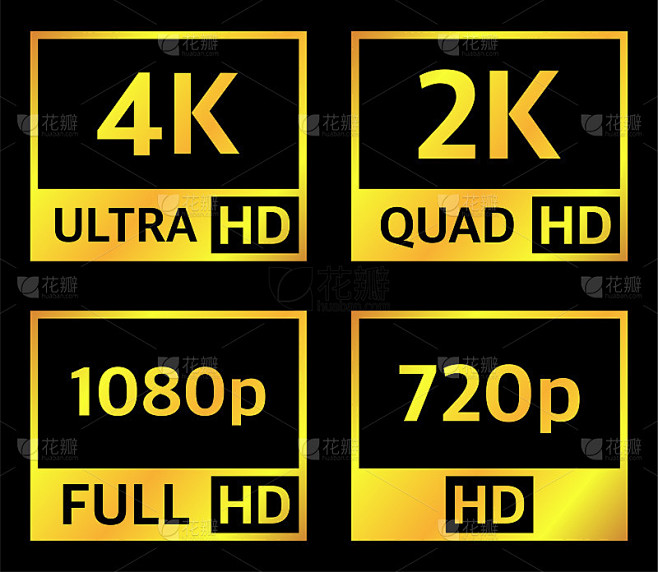 4K超高清，四高清，全高清和高清分辨率展示铭牌的金色梯度色黑色背景。电视符号和图标。向量。