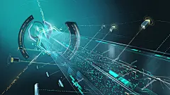 Data technology futuristic illustration. Wave of bright particles ...