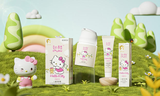 Hellokitty场景 黄绿色 卡通 洗护类目 C4D建模渲染 燕麦系类 原趣系列