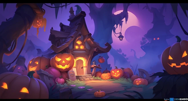 One Halloween night, blue-purple tones, orange ambient light, sur-花瓣网