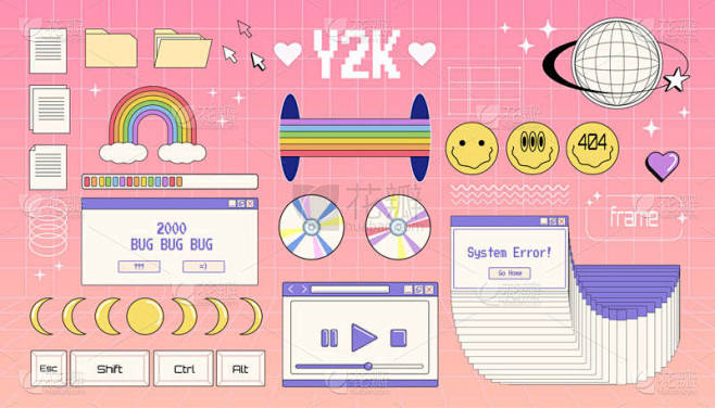 一组Y2K元素、一组Y2K风格的矢量对象、怀旧图解、技术对象、计算机窗口.