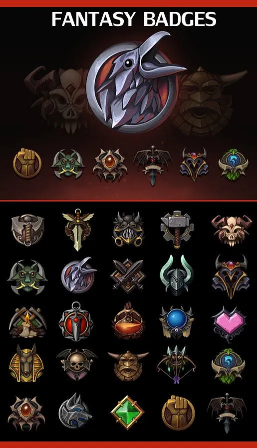 Hand drawn fantasy badges. Game User Interface UI - HUD Design. Icons ...