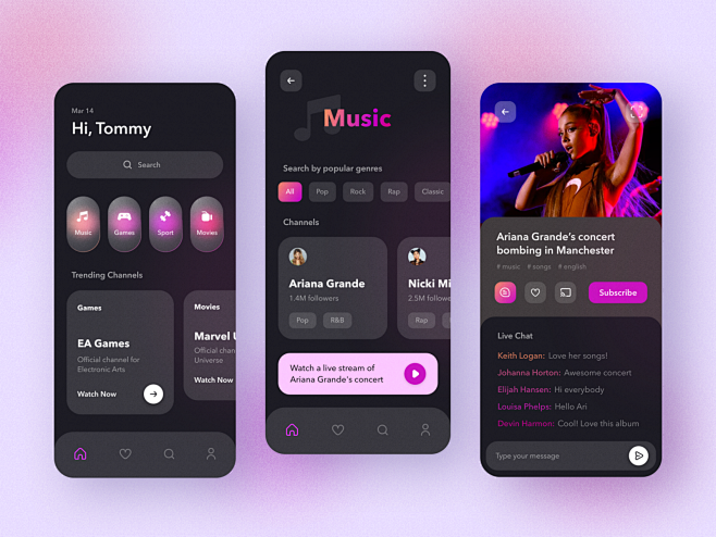 Streaming music service app app concept app design interface live ...