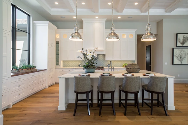 Example of a large transitional l-shaped eat-in kitchen design in Miami ...