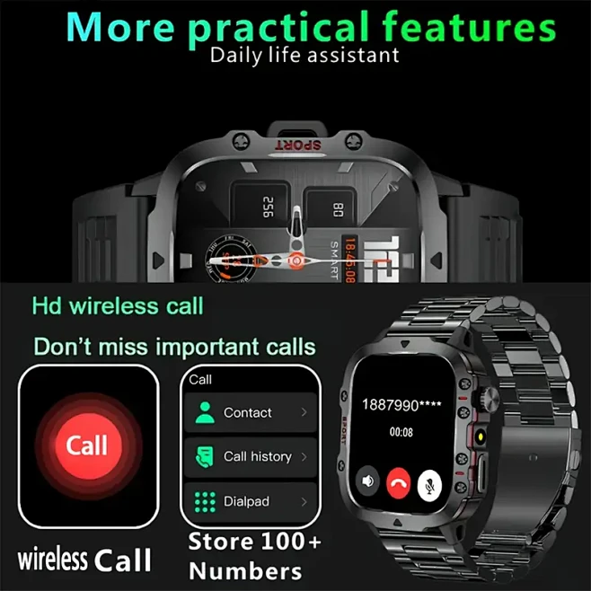 男士户外智慧手表 - 1.81英寸，高清触屏，户外运动手表 led，无线通话，usb充电，多种运动模式，适用于android iphone ...