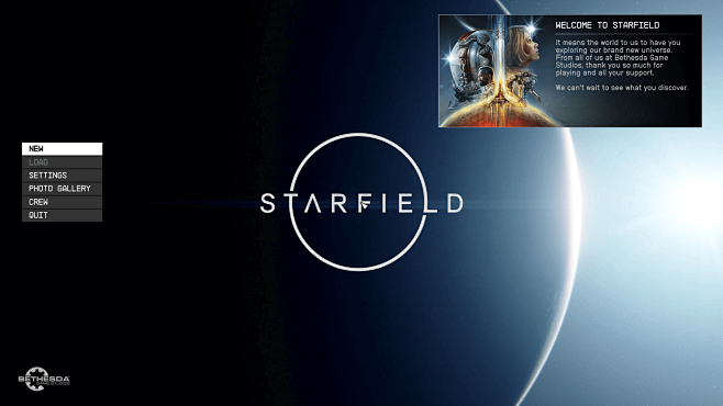 Main Menu screenshot of Starfield video game interface.
