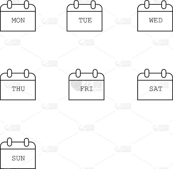 Outline 7 Days of week flat icon set。