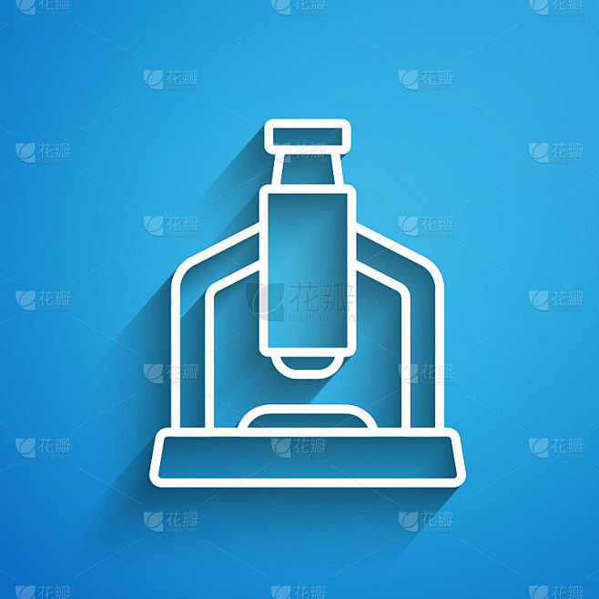 白线显微镜图标隔离在蓝色背景。化工、制药仪器、微生物放大工具。长长的阴影。向量