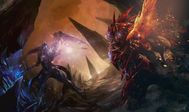 Dark Mage vs Dark Knight, CHOI WONSEOK : Mu Legend Concept Art illust Webzen.Inc-花瓣网