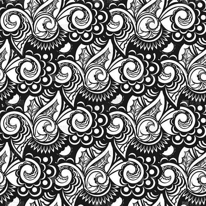 大马士革无缝矢量背景。巴洛克风格的墙纸图案。黑白相间的花卉元素。装饰墙纸、织物、包装、包装。