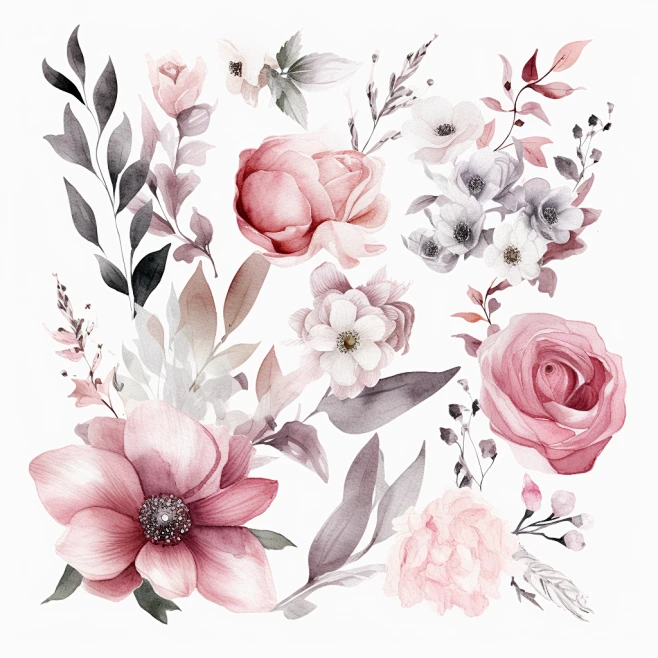 AI绘画_Prompts_Tolyamba_Watercolor_Pink_and_Silver_Floral_Clipart_white ...