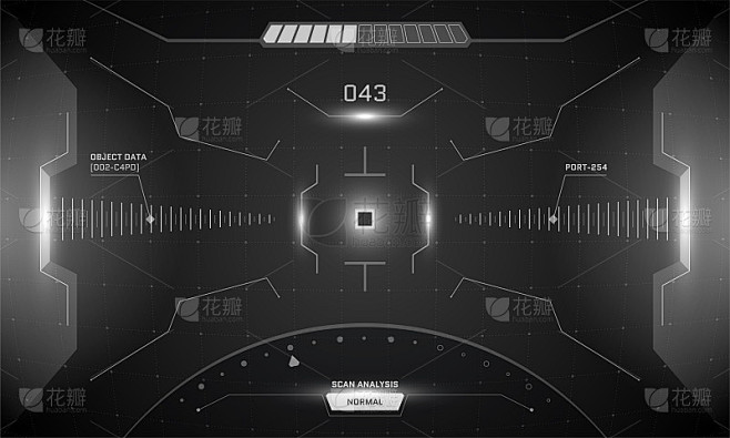 VR HUD游戏界面十字瞄准屏幕设计。未来科幻虚拟现实视图头部显示面罩的概念。GUI UI数字技术控