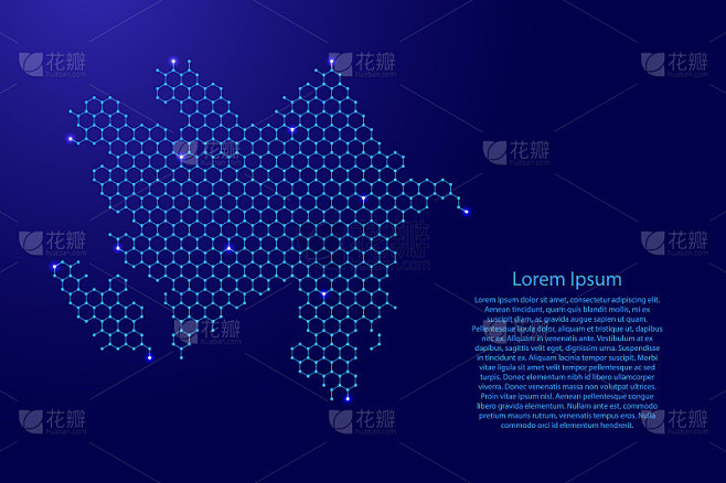 阿塞拜疆地图从未来六边形形状，线，蓝色点和发光的星星节点，蜂房的形式或分子结构的旗帜，海报，贺卡。矢