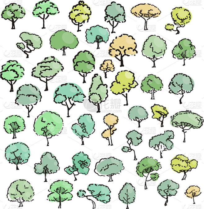 trees sketch set cartoon vintage ink draw