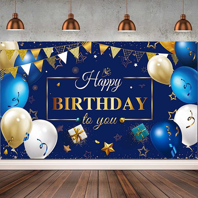 Amazon.com: Happy Birthday Decorations 横幅,蓝色和金色生日快乐标志生日派对用品照片背景背景,适用于生日 ...