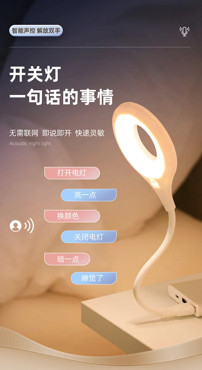 人工智能语音声控床头灯USB控制灯感应灯LED插口小夜灯一体台灯-tmall.com天猫-花瓣网