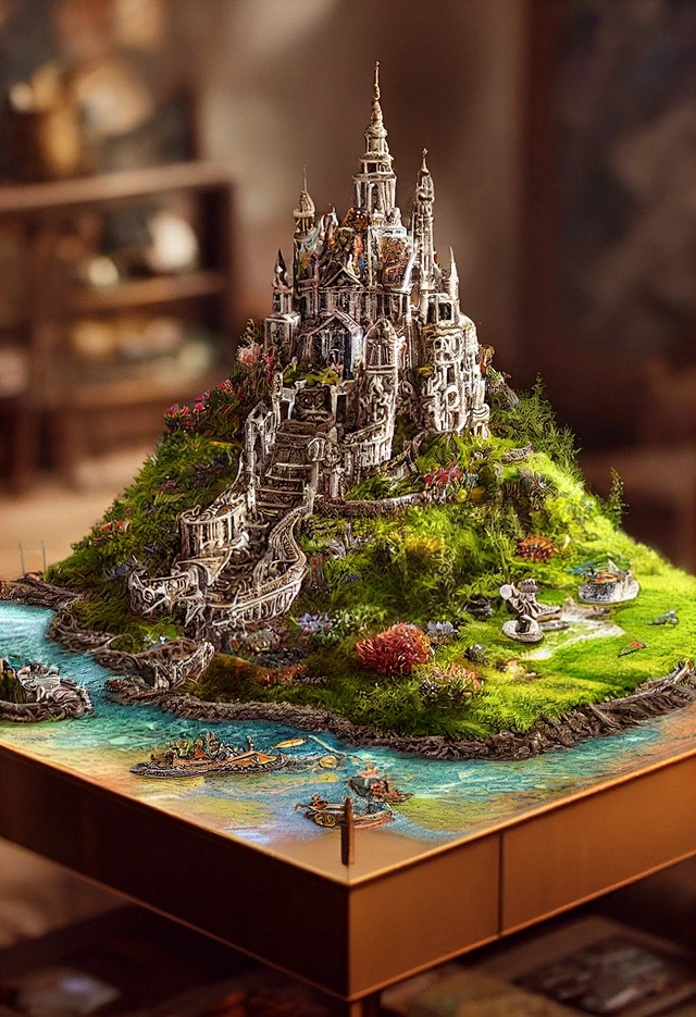 a beautiful fantasy miniature empire on a table, miniature characters ...