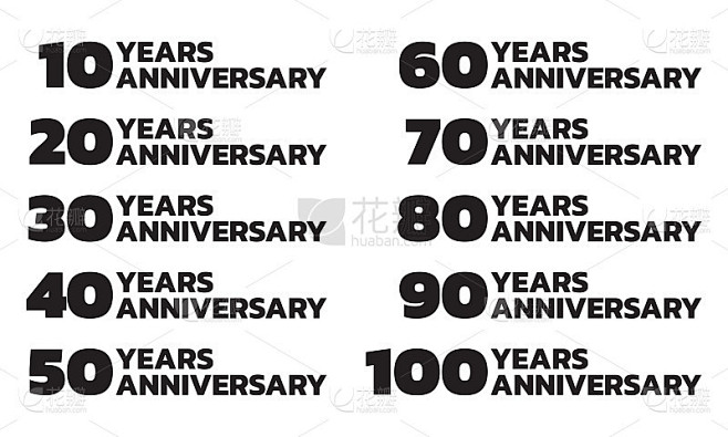 周年纪念日。生日徽章或标志收集与10,20,30,40,50,60,70,80,90年庆祝。矢量插图