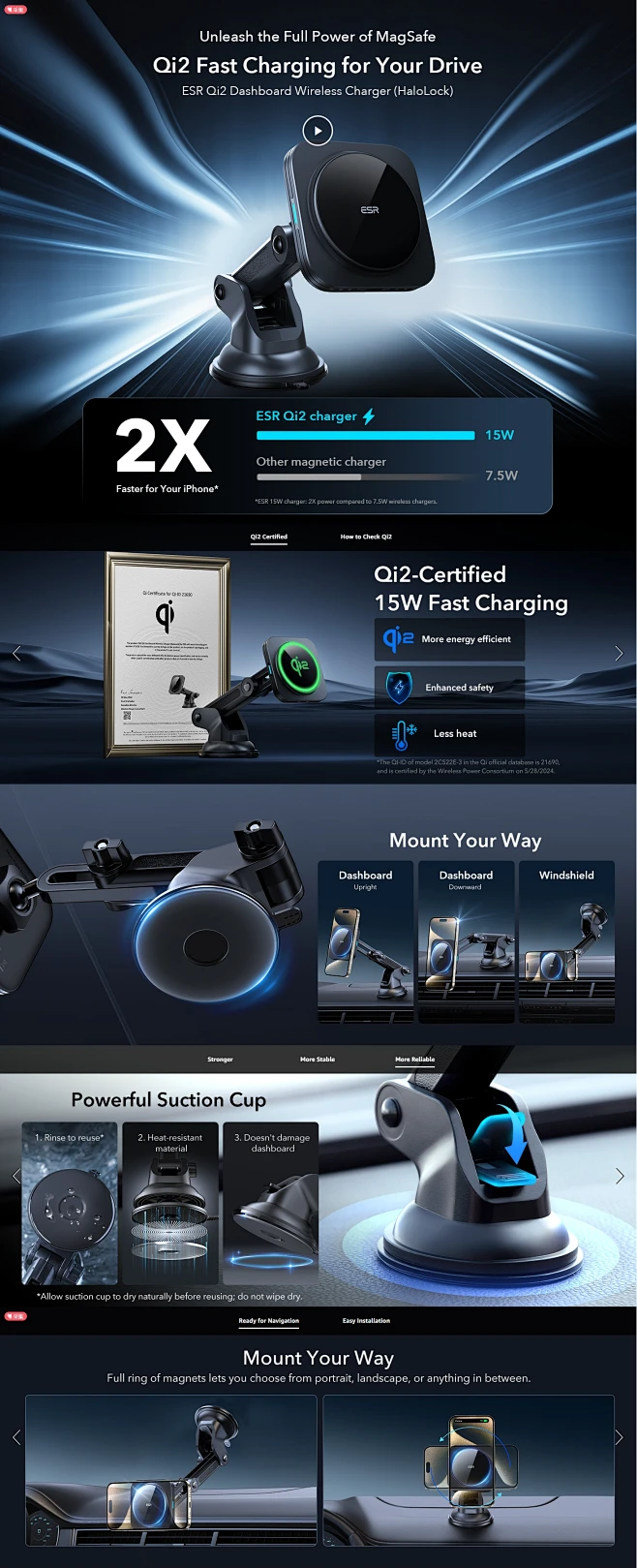 Amazon.com: ESR for Qi2 15W MagSafe Car Mount Charger, Qi2-Certified ...