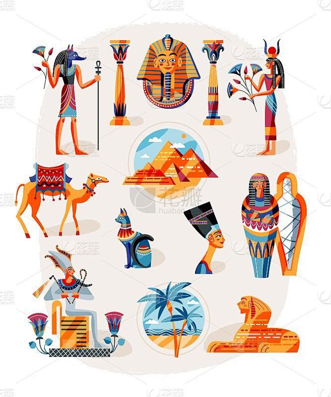 古埃及艺术史的设定。埃及符号，神，景观矢量插图。法老，娜芙提蒂雕像，阿努比斯，斯芬克斯，沙漠金字塔，