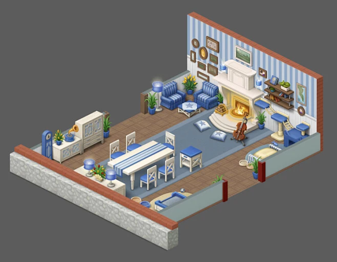 Isometric. Dinning Room. Blue, Nastia Koval : Isometric art for mobile ...