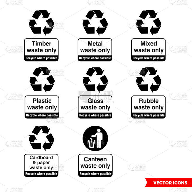 Waste and recycling signs icon set of black and wh