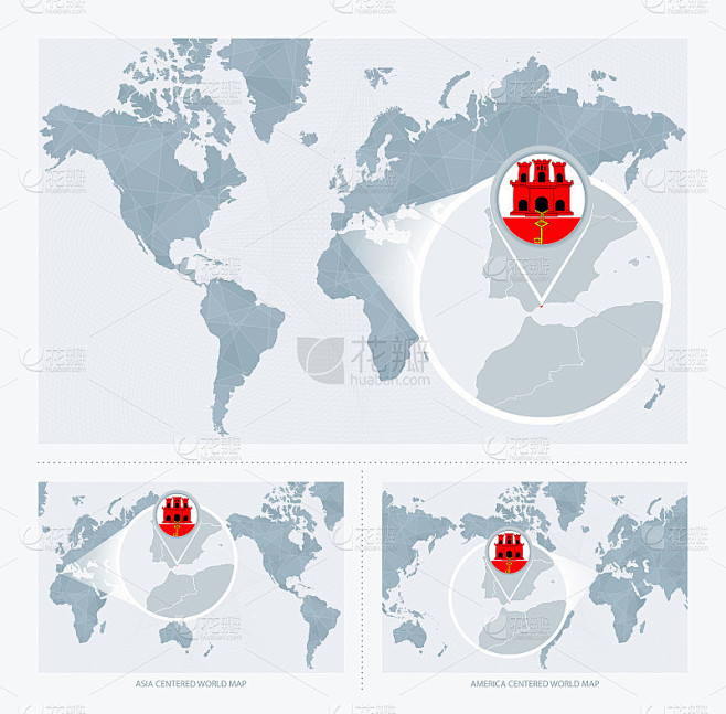 放大直布罗陀超过世界地图，3个版本的世界地图与旗帜和直布罗陀地图。