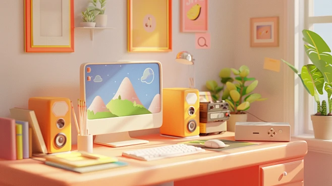 3D, cartoon toy type desk scene, in a corner of the room with a window ...