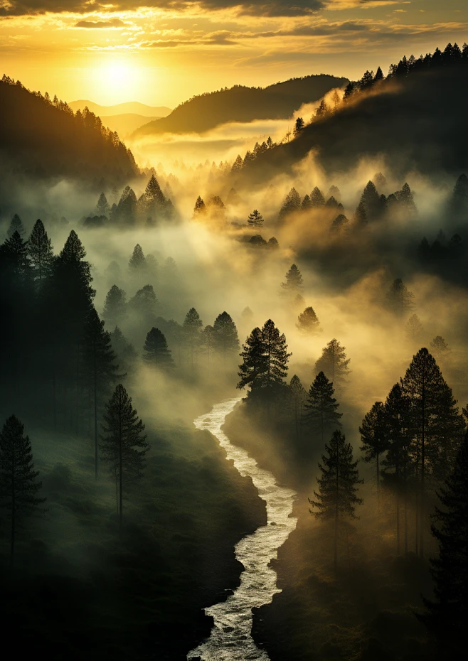 Foggy pine forest scene, noon sun, aerial view,-花瓣网