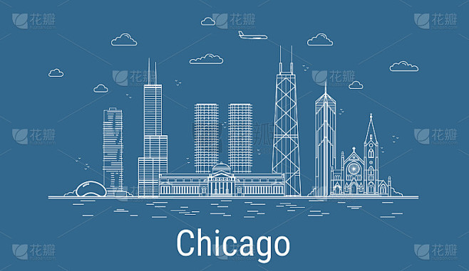 芝加哥城市，线艺术矢量插图与所有著名的塔。Showplace的线性横幅。现代建筑组成，城市景观。芝加