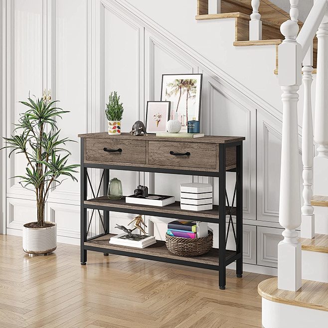 Amazon.com: Yaheetech 3 Tier Console Table with 2 Drawers, Industrial ...