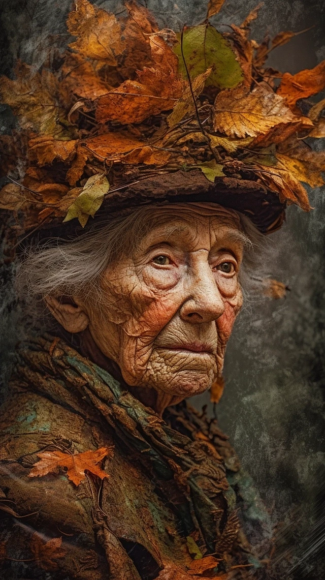 Portrait of an old lady with a hat. Completely composed of autumn ...