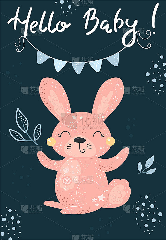 Greeting card cute cartoon Rabbit with flower on a