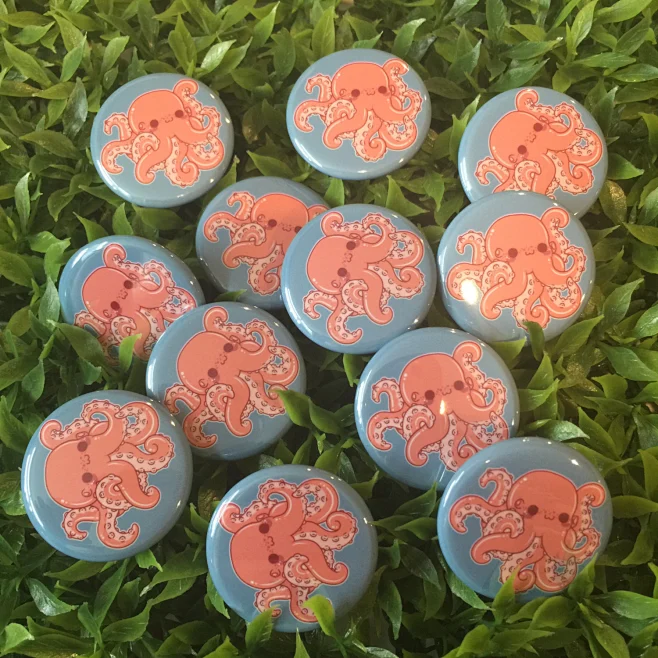 Kawaii Octopus Pin Back Button - ( buttons pins cute flair ) : >
